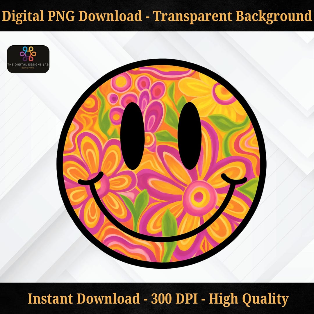 Smiley Face PNG Retro Floral Hippie Clipart 70s Flower Power - Etsy