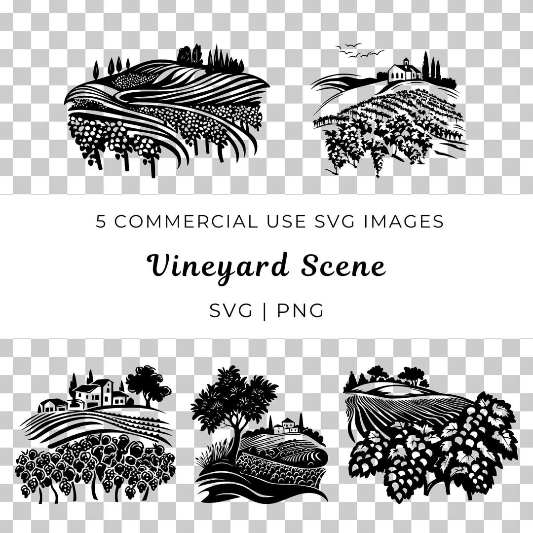 Vineyard Landscape Svg, Grape Vine Fields Vector, Rustic Vineyard Scene ...