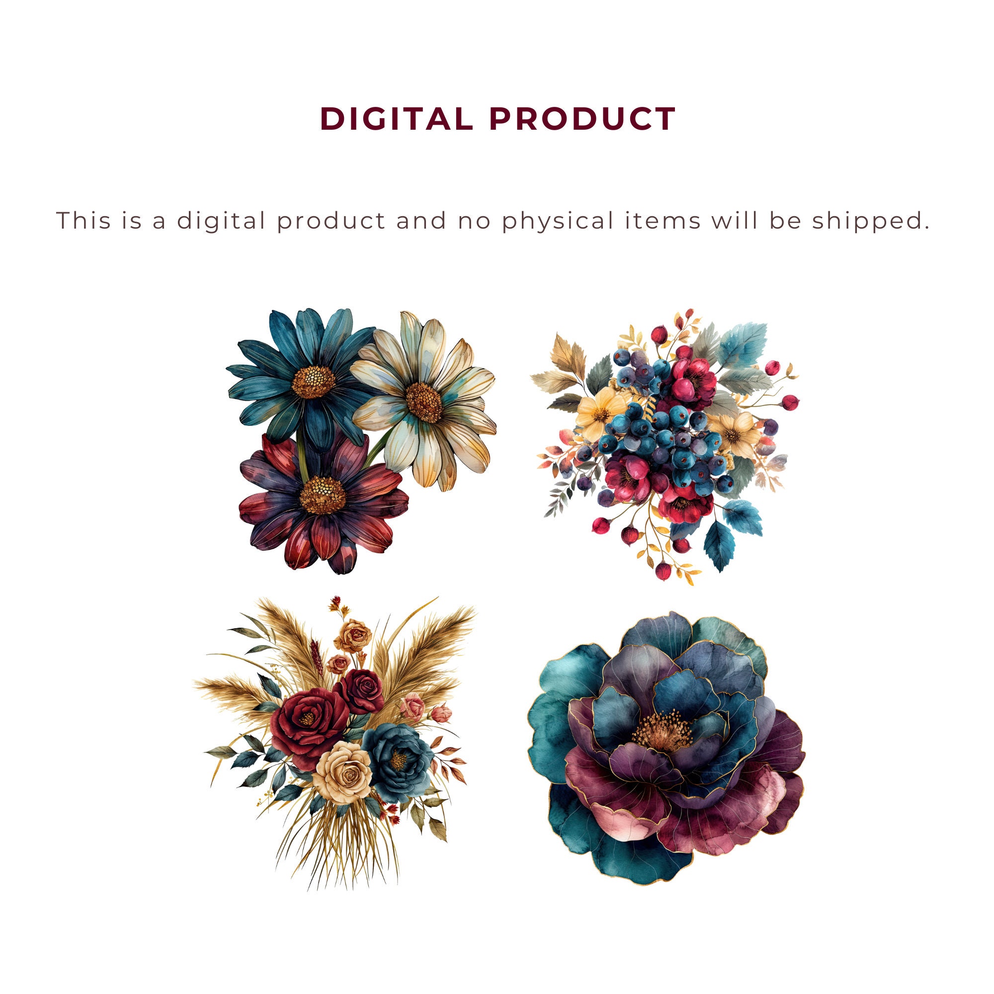 Floral Clipart Pack, Jewel Tone Colors, PNG Flower Designs, Rich and ...