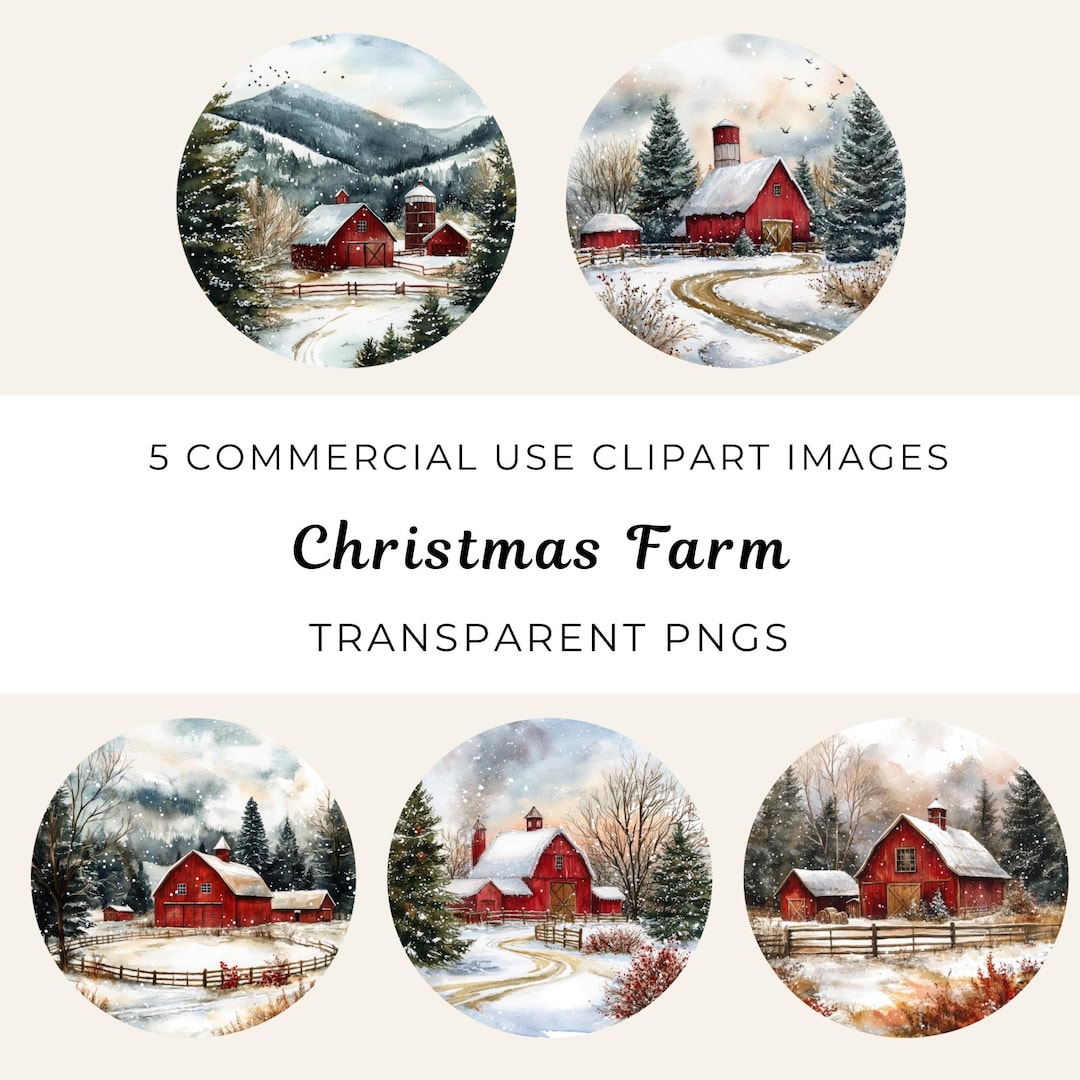 Farmhouse Christmas Png, Holiday Barn Scene Clipart, Rustic Christmas ...