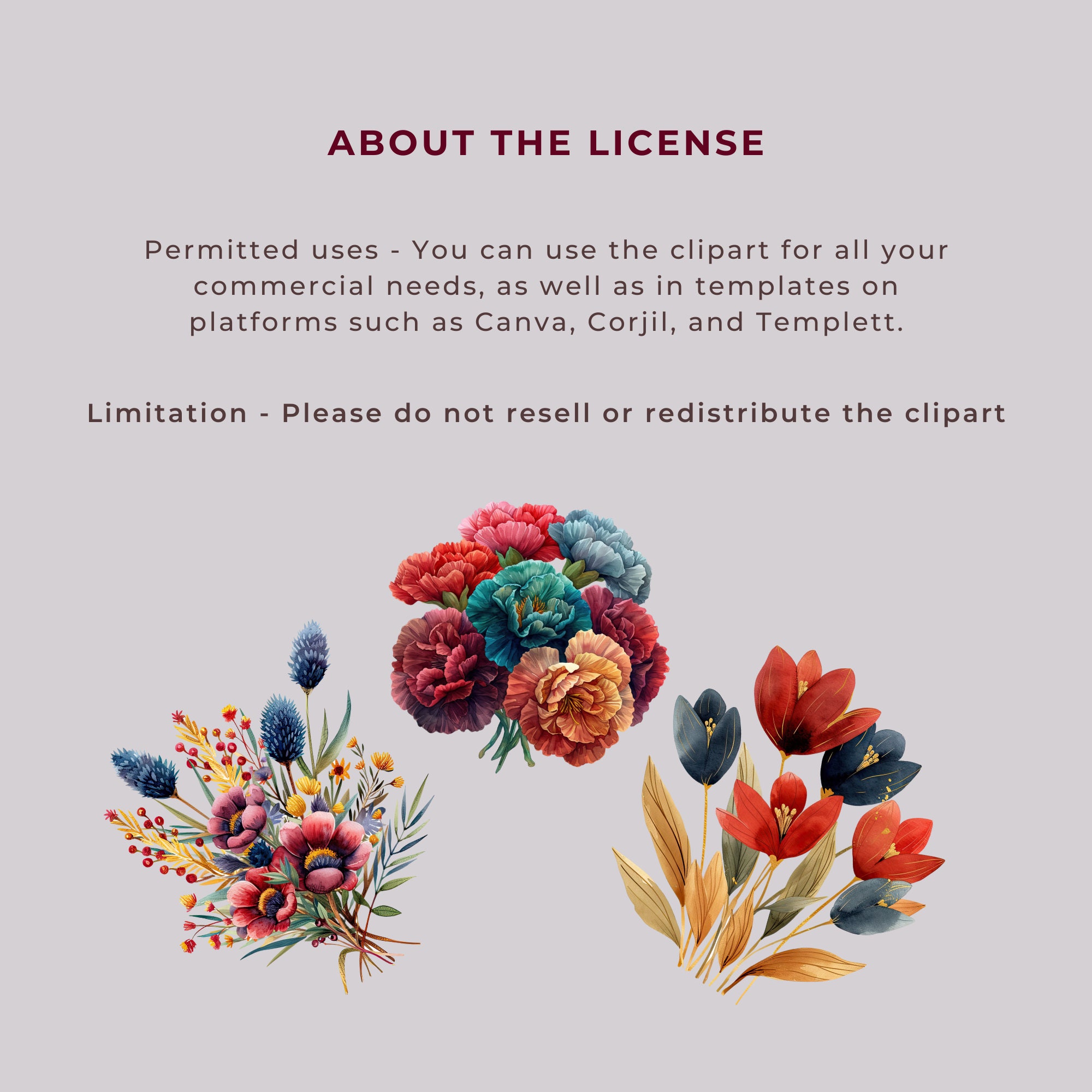 Floral Clipart Pack, Jewel Tone Colors, PNG Flower Designs, Rich and ...