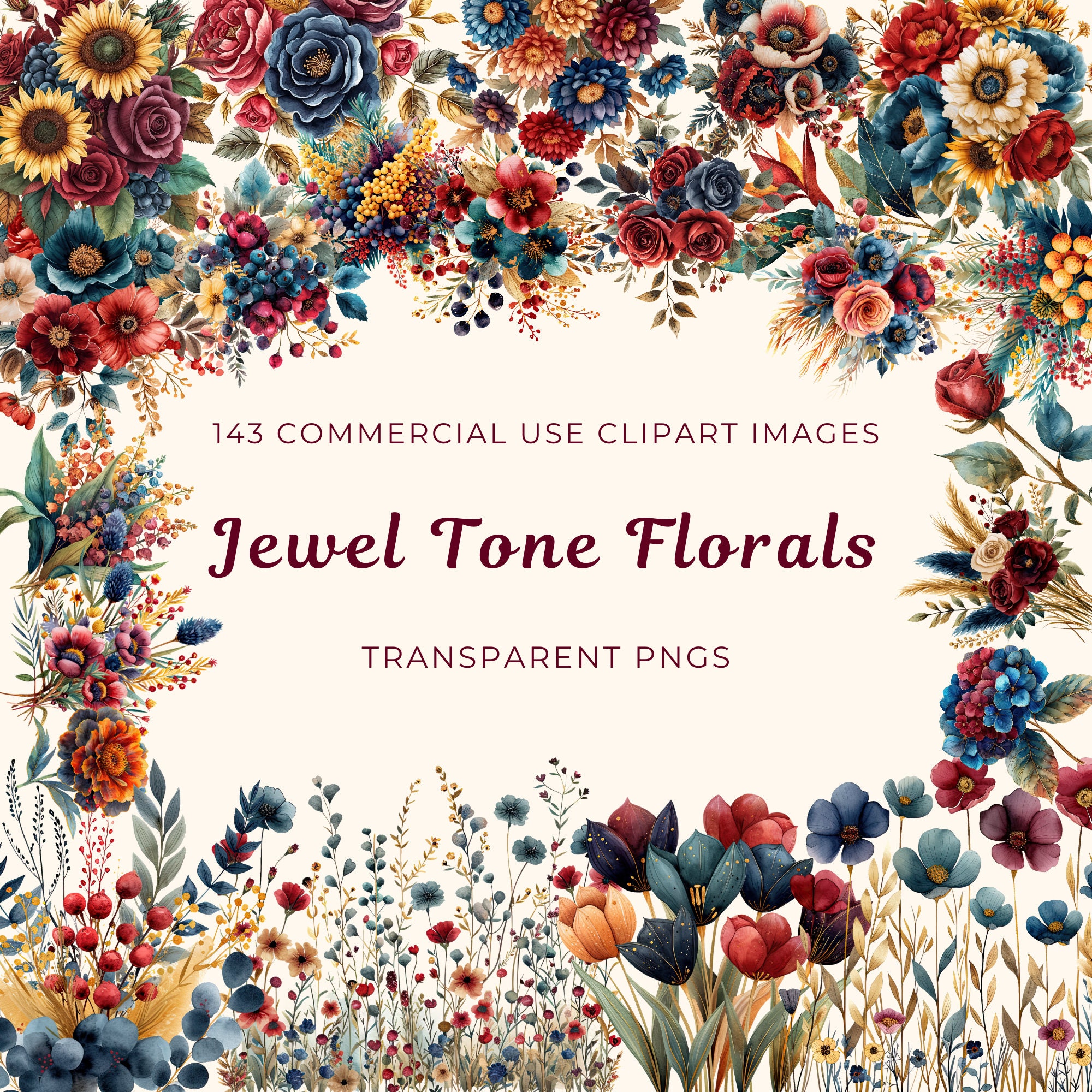 Floral Clipart Pack, Jewel Tone Colors, PNG Flower Designs, Rich and ...