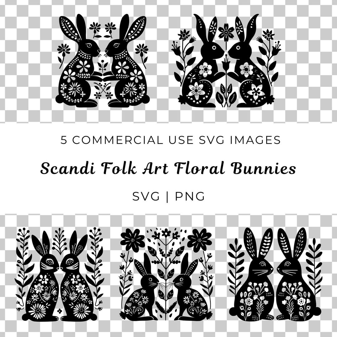 Scandi Folk Art Floral Bunnies SVG PNG Bundle (digital Download) - Etsy
