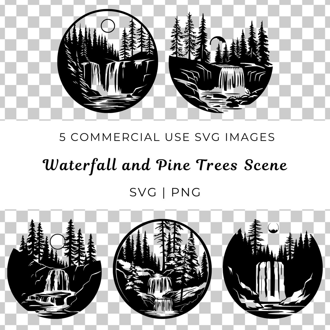 Waterfall and Pine Trees Scene Svg, Waterfall Svg File, Mountain Trees ...