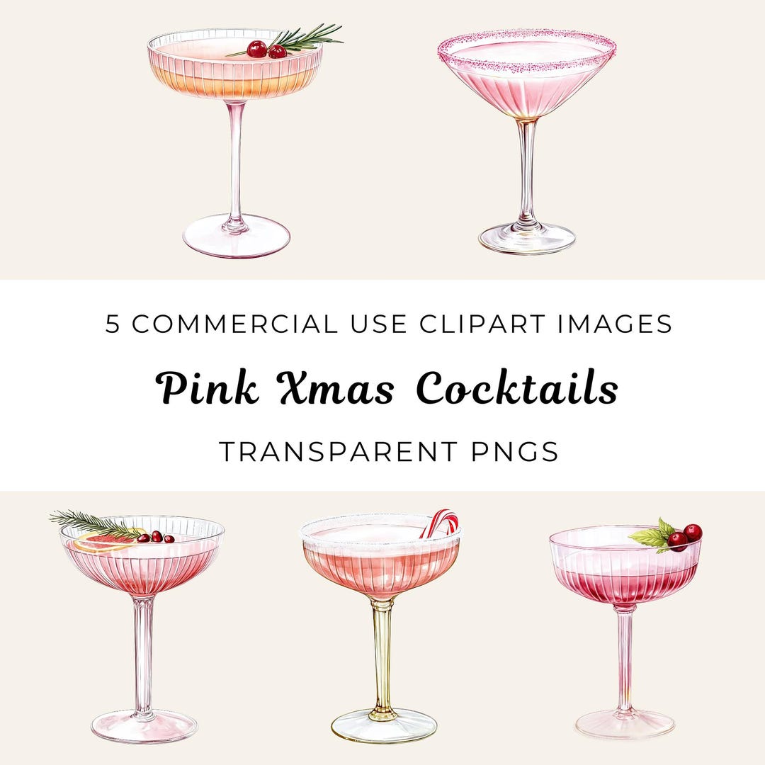 Pink Christmas Cocktail Clipart, Festive Art Deco Pngs (digital ...