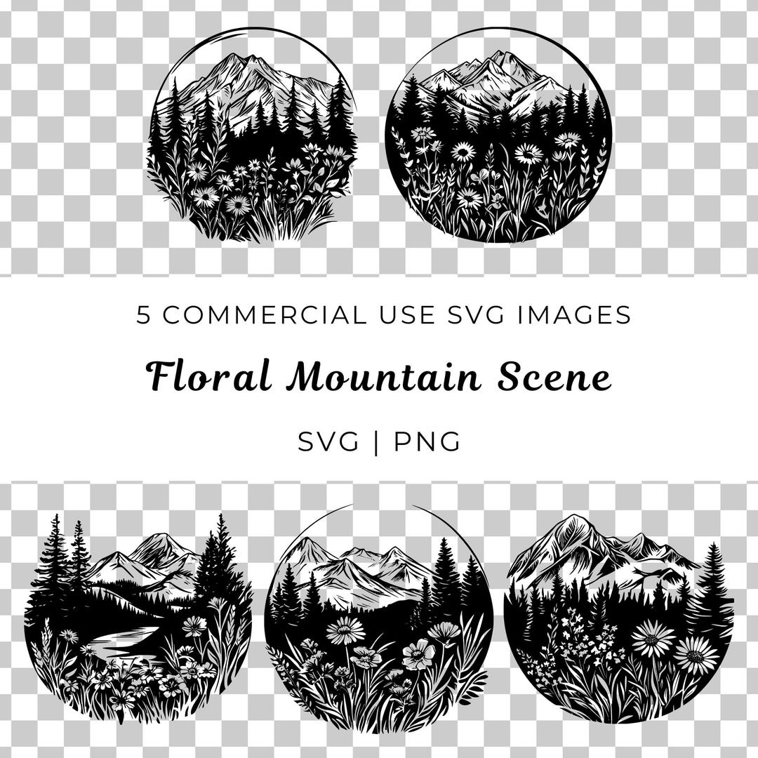 Floral Mountain Scene Svg, Floral Mountain Clipart, Round Mountain ...