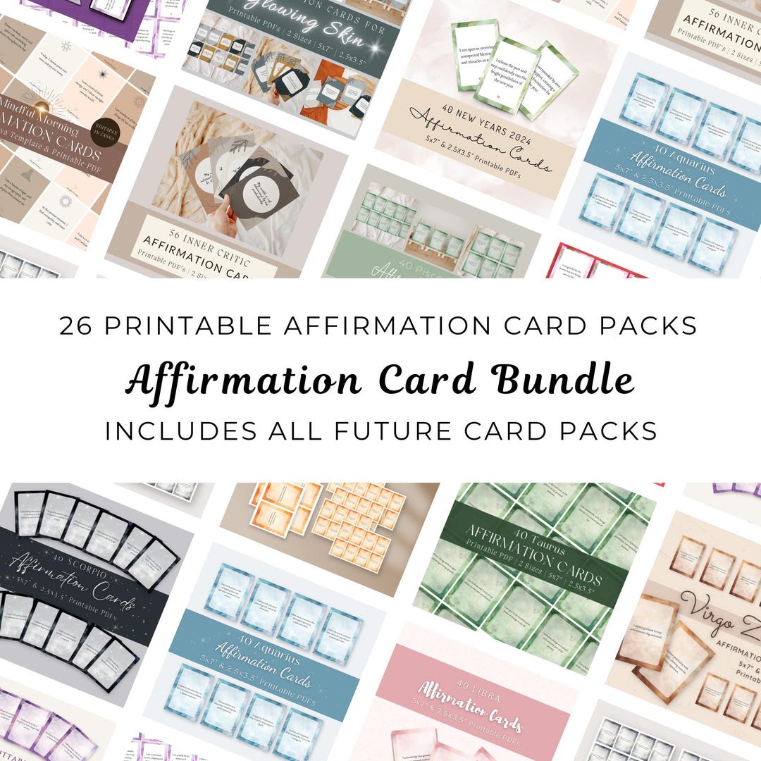 Affirmation Cards Bundle, 26 Packs Printable Bundle, Digital Self-care Cards, Positive ...