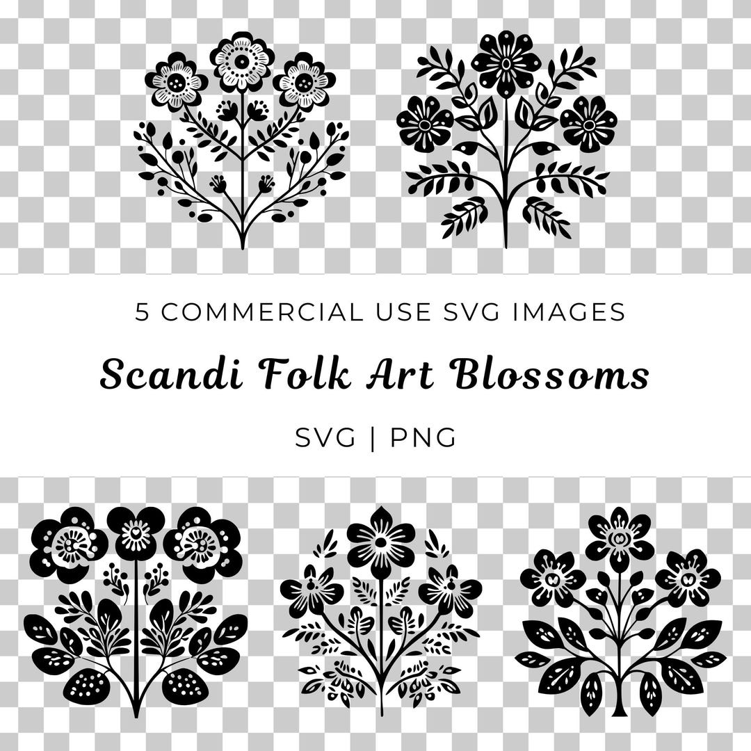 Scandi Folk Art Blossoms Vector, Scandinavian Florals Vector, Folk ...
