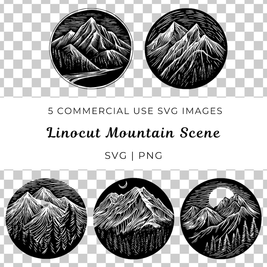 Linocut Mountain Svg, Forest Landscape SV, Trees and Mountain, Forest ...