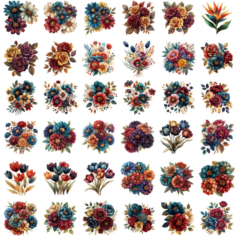 Floral Clipart Pack, Jewel Tone Colors, PNG Flower Designs, Rich and ...