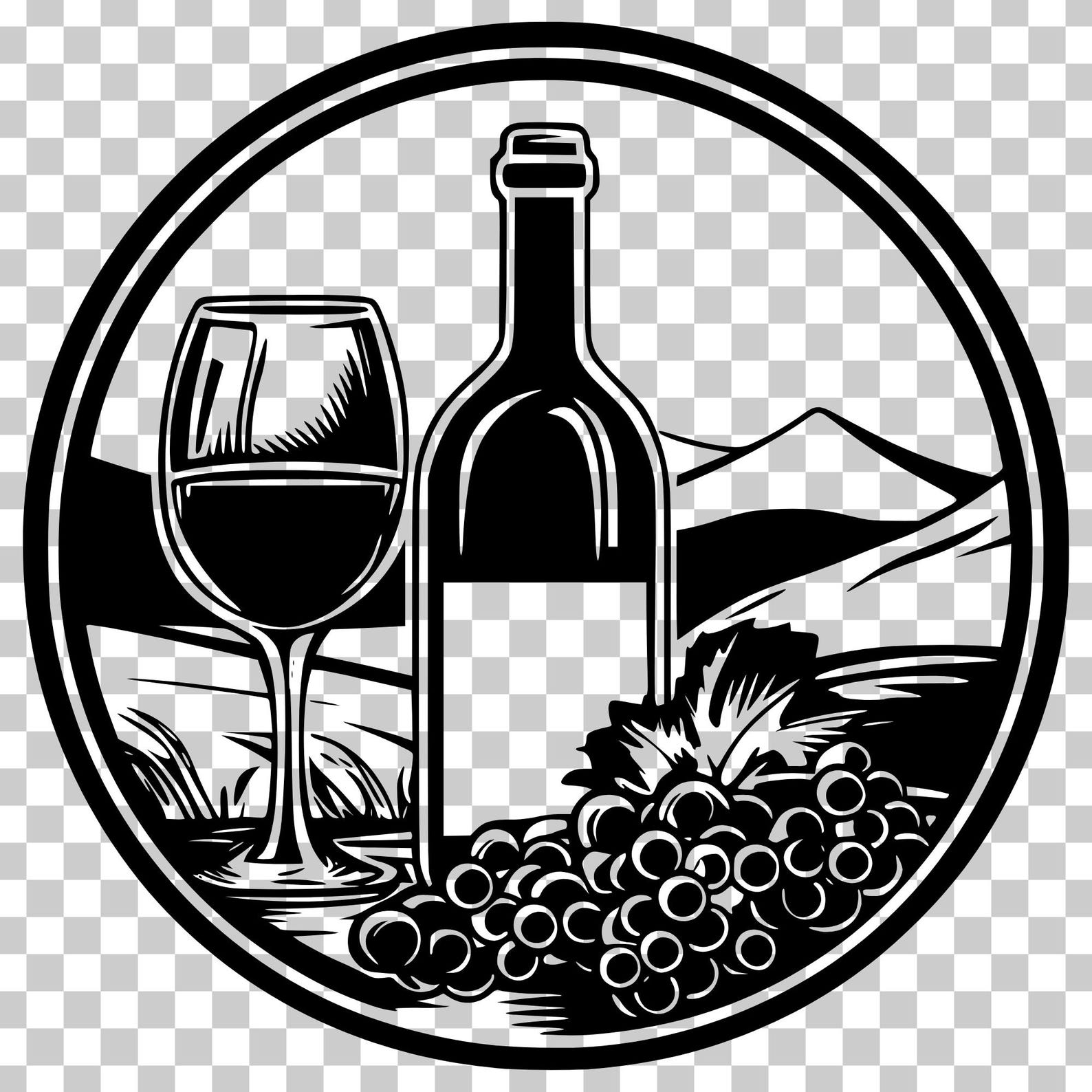 Wine and Grapes Vector Scene, Tuscany Vineyard SVG, PNG (digital ...