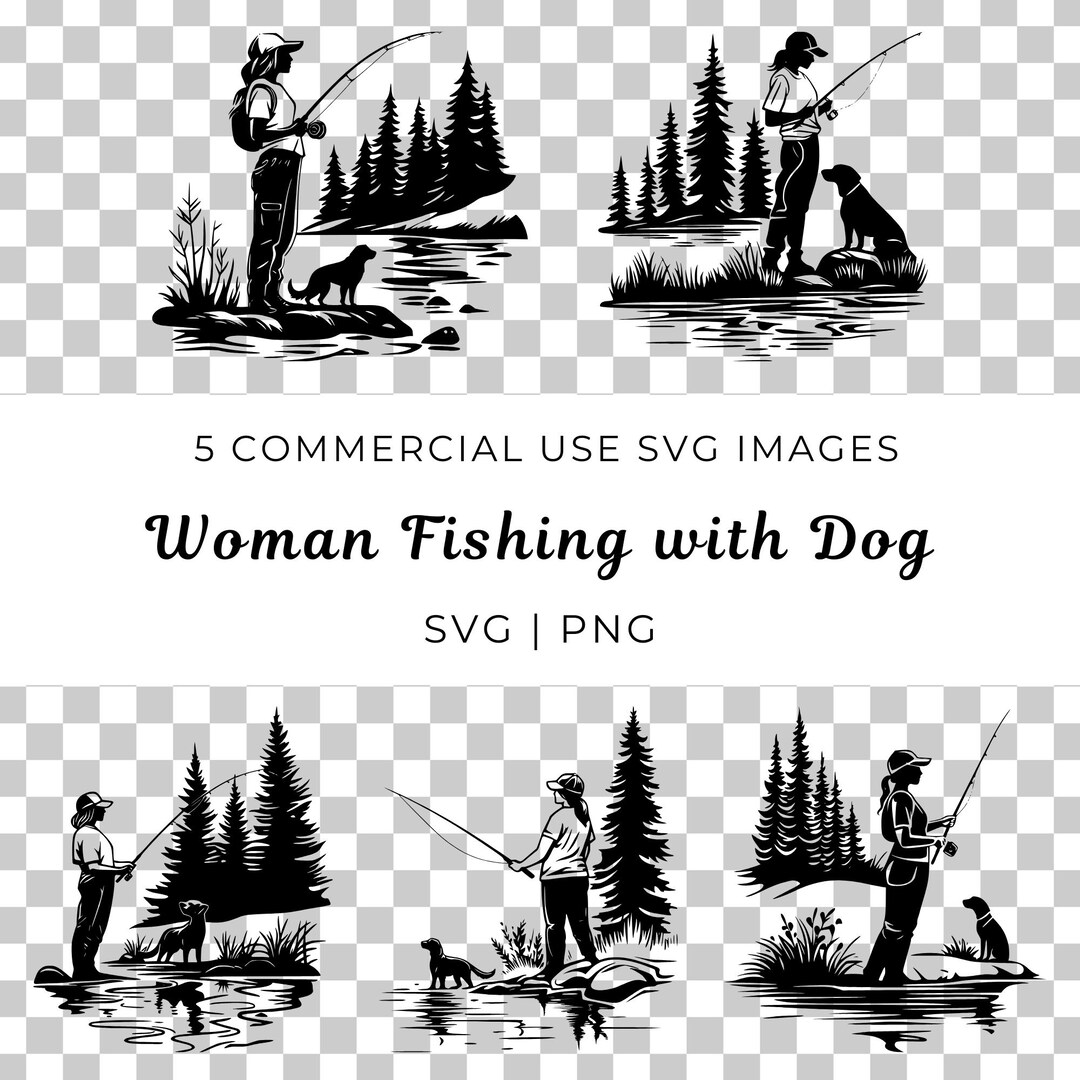 Woman Fishing With Dog Vector, Outdoor River Scene (SVG, PNG) - Etsy