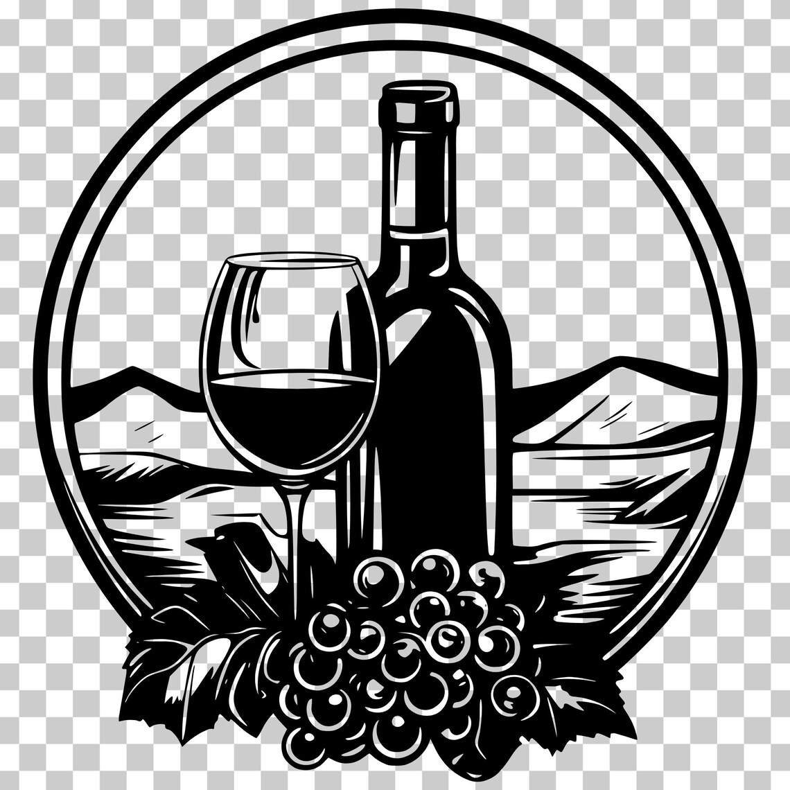 Wine and Grapes Vector Scene, Tuscany Vineyard SVG, PNG (digital ...