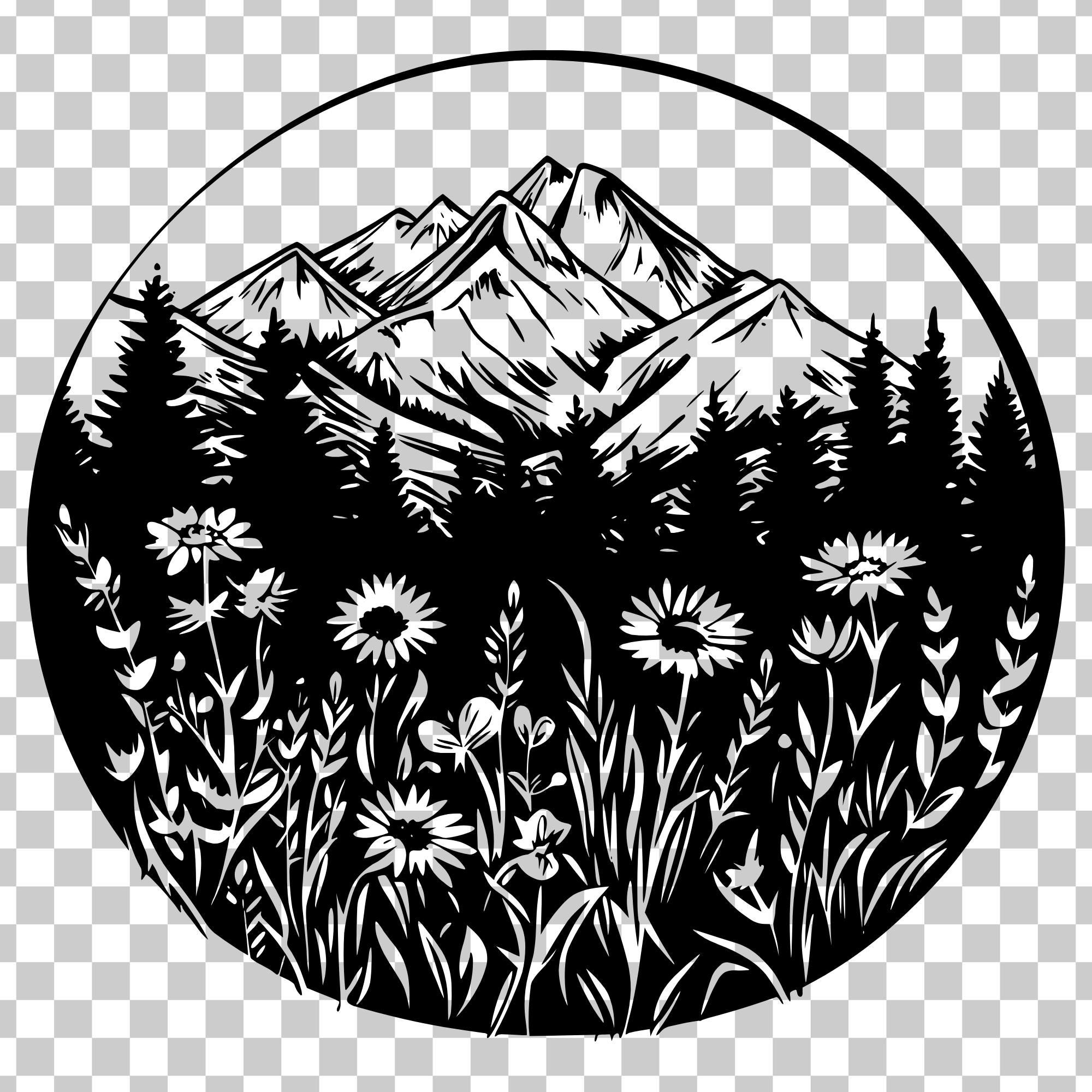 Floral Mountain Scene Svg, Floral Mountain Clipart, Round Mountain ...