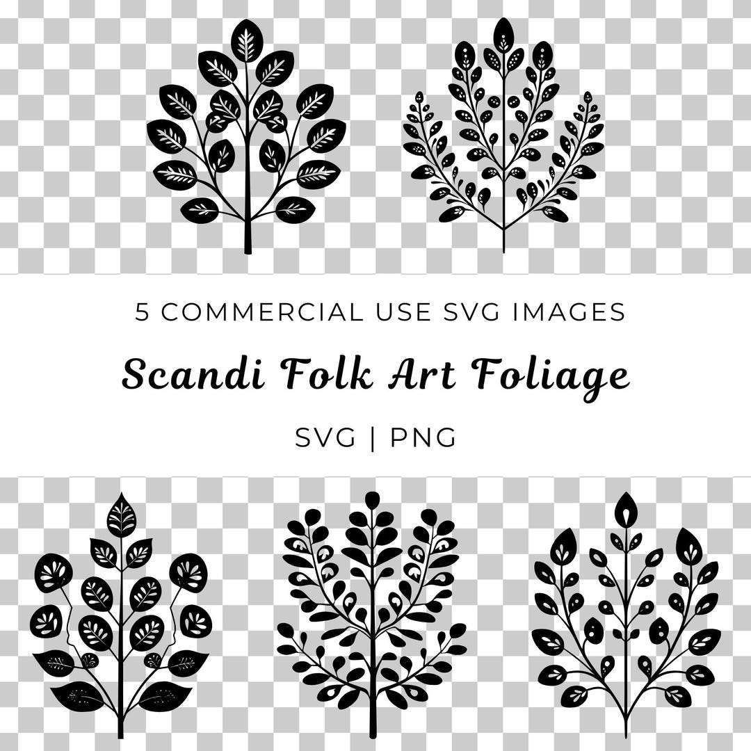 Scandi Folk Art Foliage Vector, Folk Art Leaves Svg, Greenery Vector ...