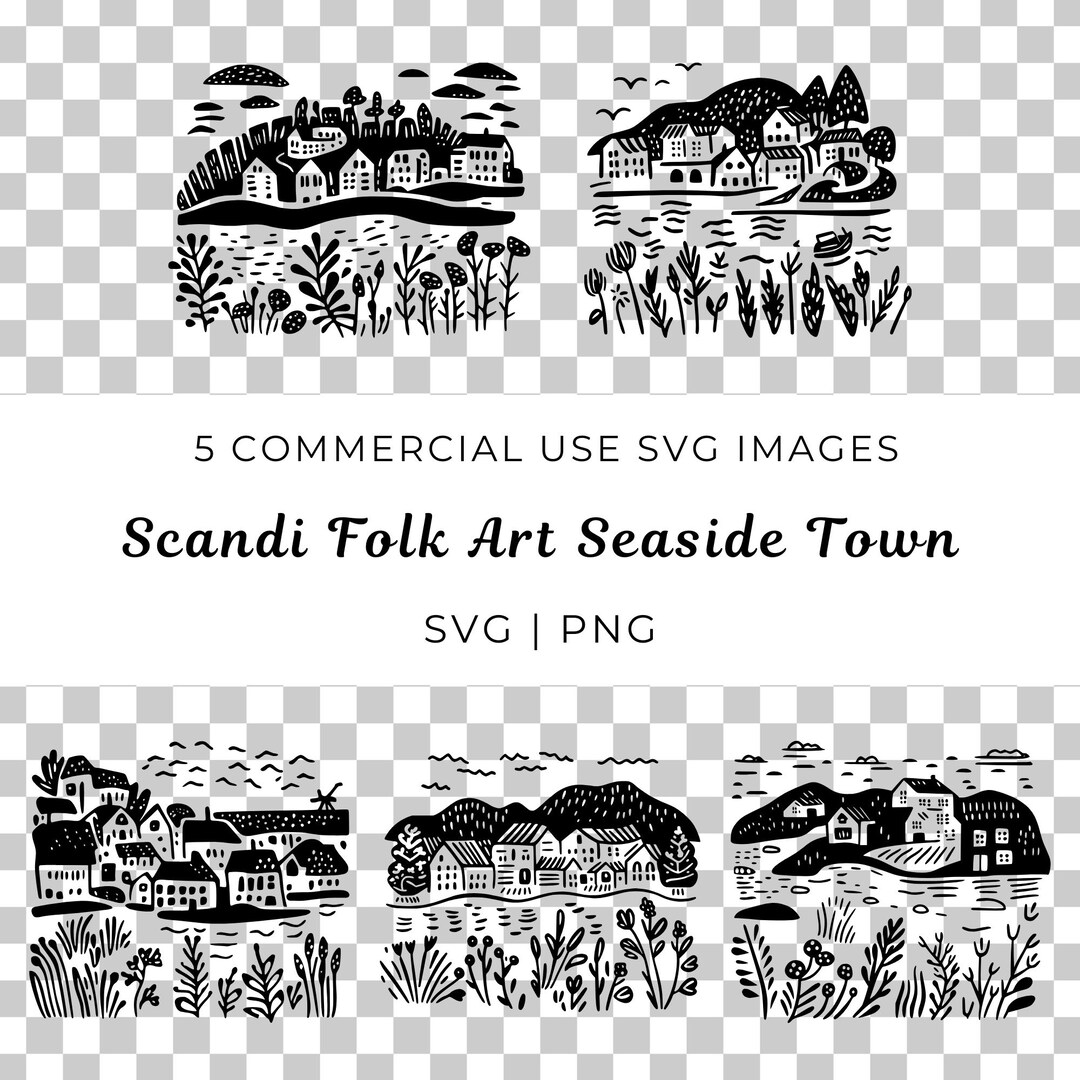 Scandi Folk Art Seaside Town Svg, Coastal Village Vector, Beach Town ...