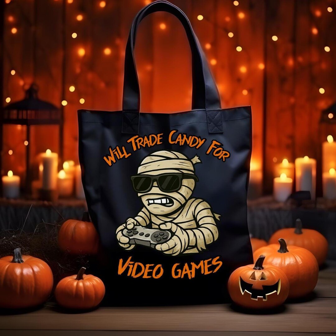 Gamer Trick or Treat Bag, Funny Mummy Canvas Tote, Video Game Trunk-or ...