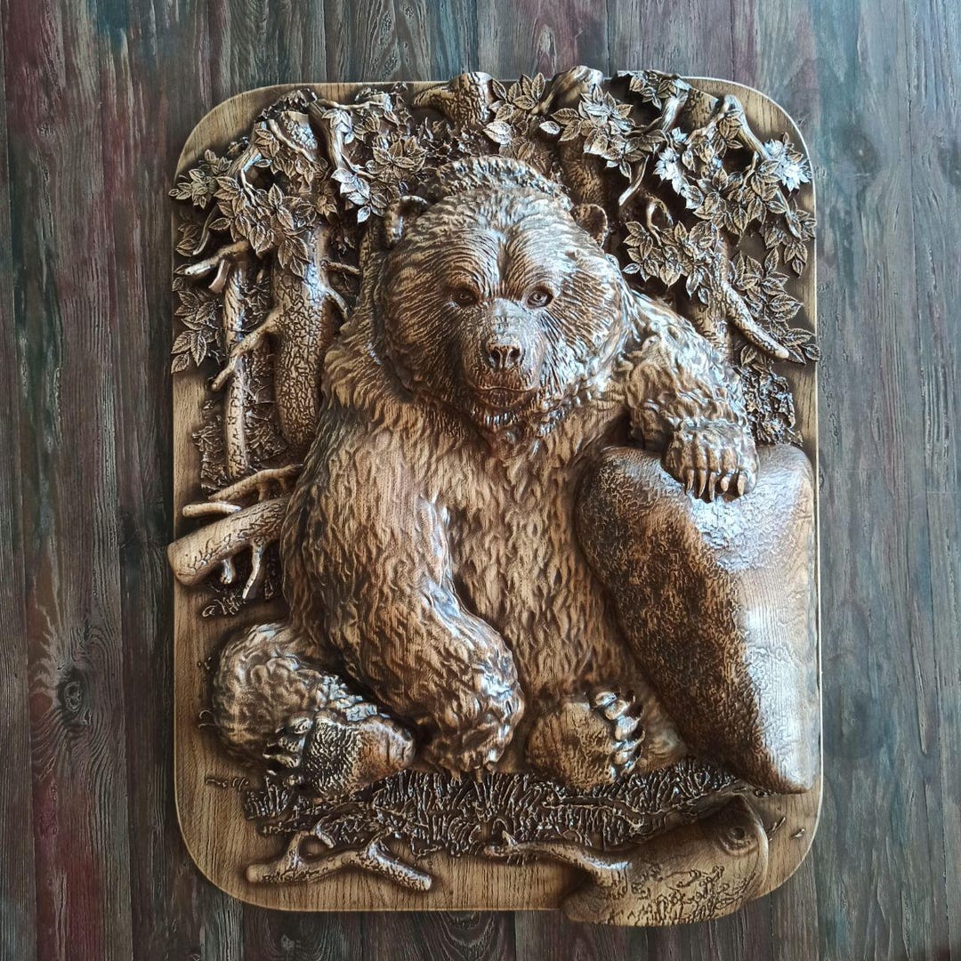 Wooden Bear Relief - Carved Wooden Wall Art - Bear Bas-relief - Rustic ...