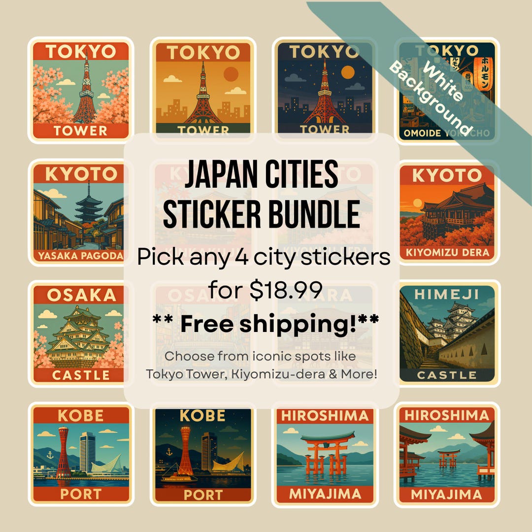 Japan Travel Sticker Bundle – Pick Any 4 Vinyl Stickers of Tokyo, Kyoto ...
