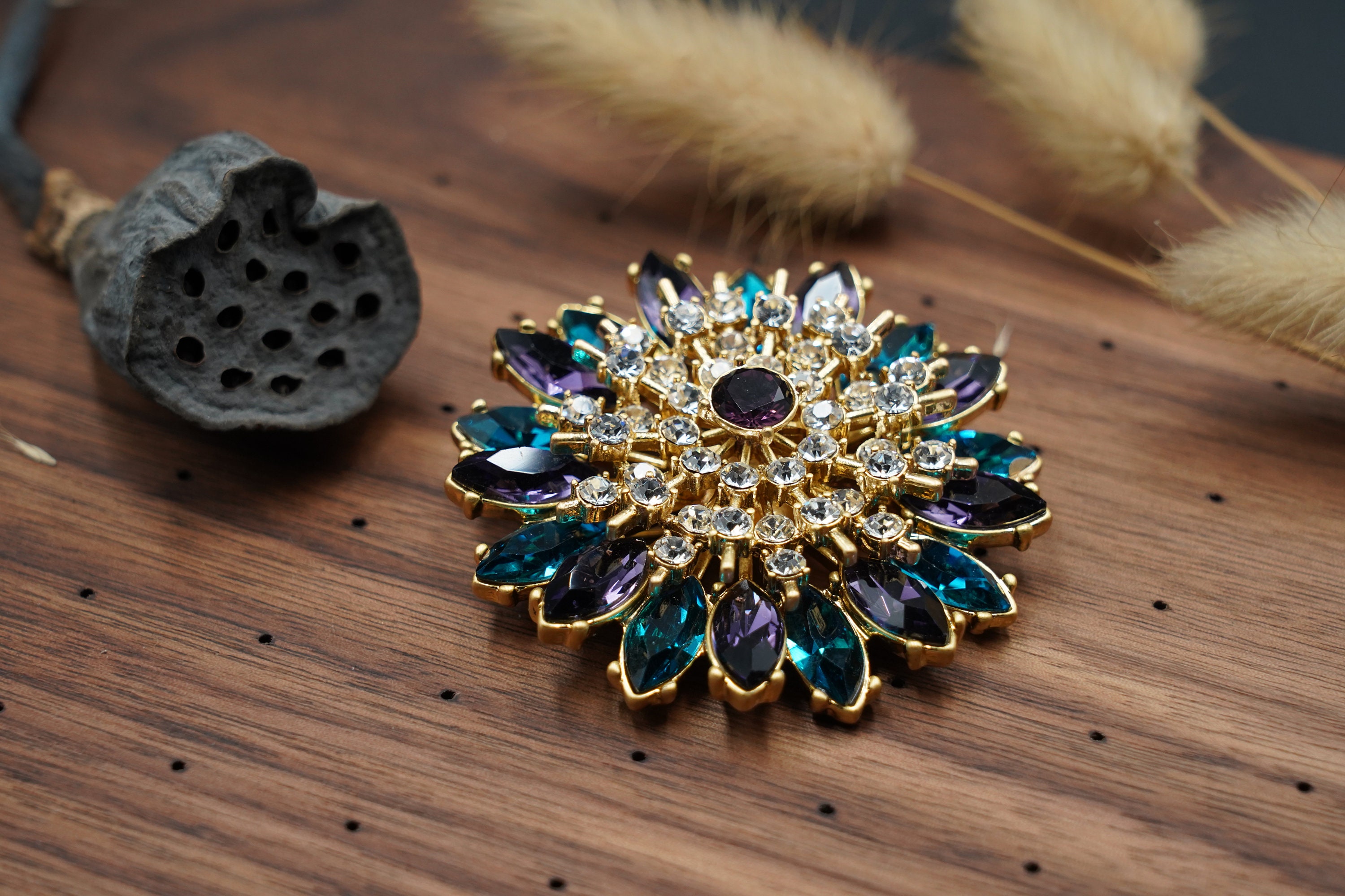 Elegant Sunburst Gemstone Brooch With Vintage Crystal Accents - Etsy