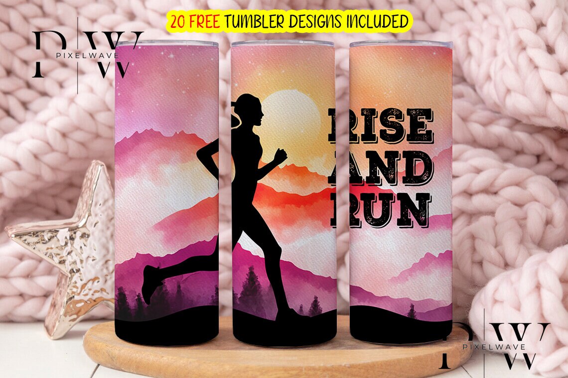 Retro Woman Runner Tumbler Png, Rise and Run Tumbler Wrap, Mountains 20 ...