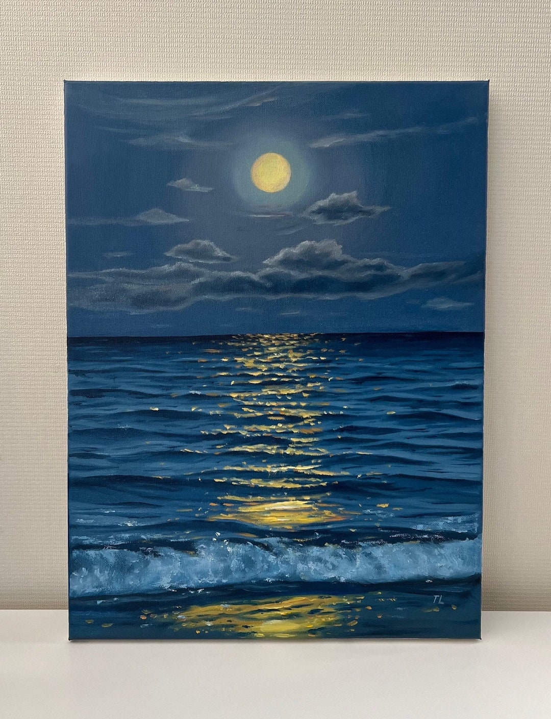 Night Ocean Painting ORIGINAL Artwork, MOON Oil Painting, Dark Seascape ...
