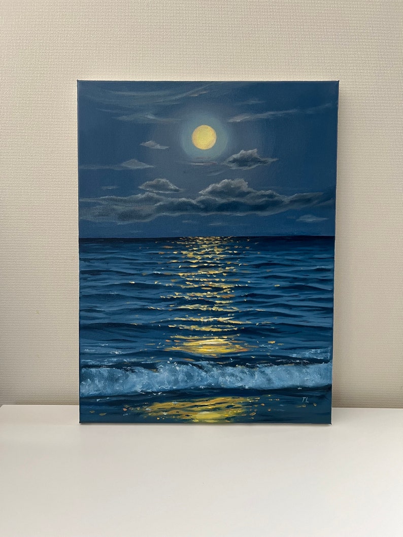 Night Ocean Painting ORIGINAL Artwork, MOON Oil Painting, Dark Seascape ...