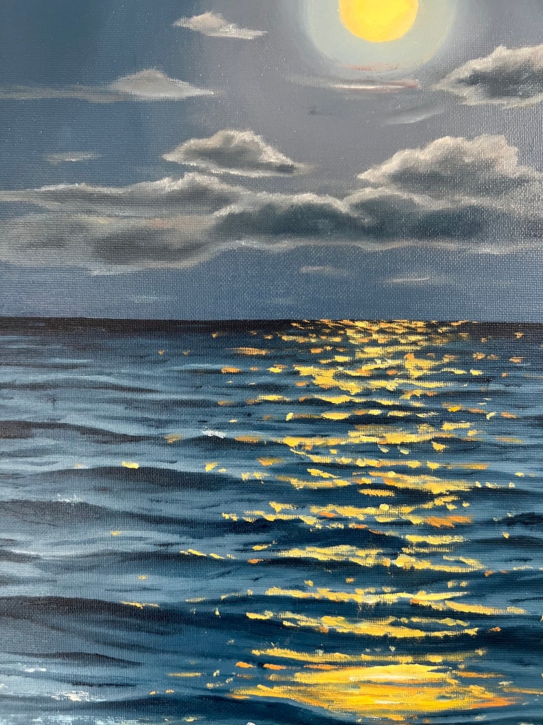 Night Ocean Painting ORIGINAL Artwork, MOON Oil Painting, Dark Seascape ...