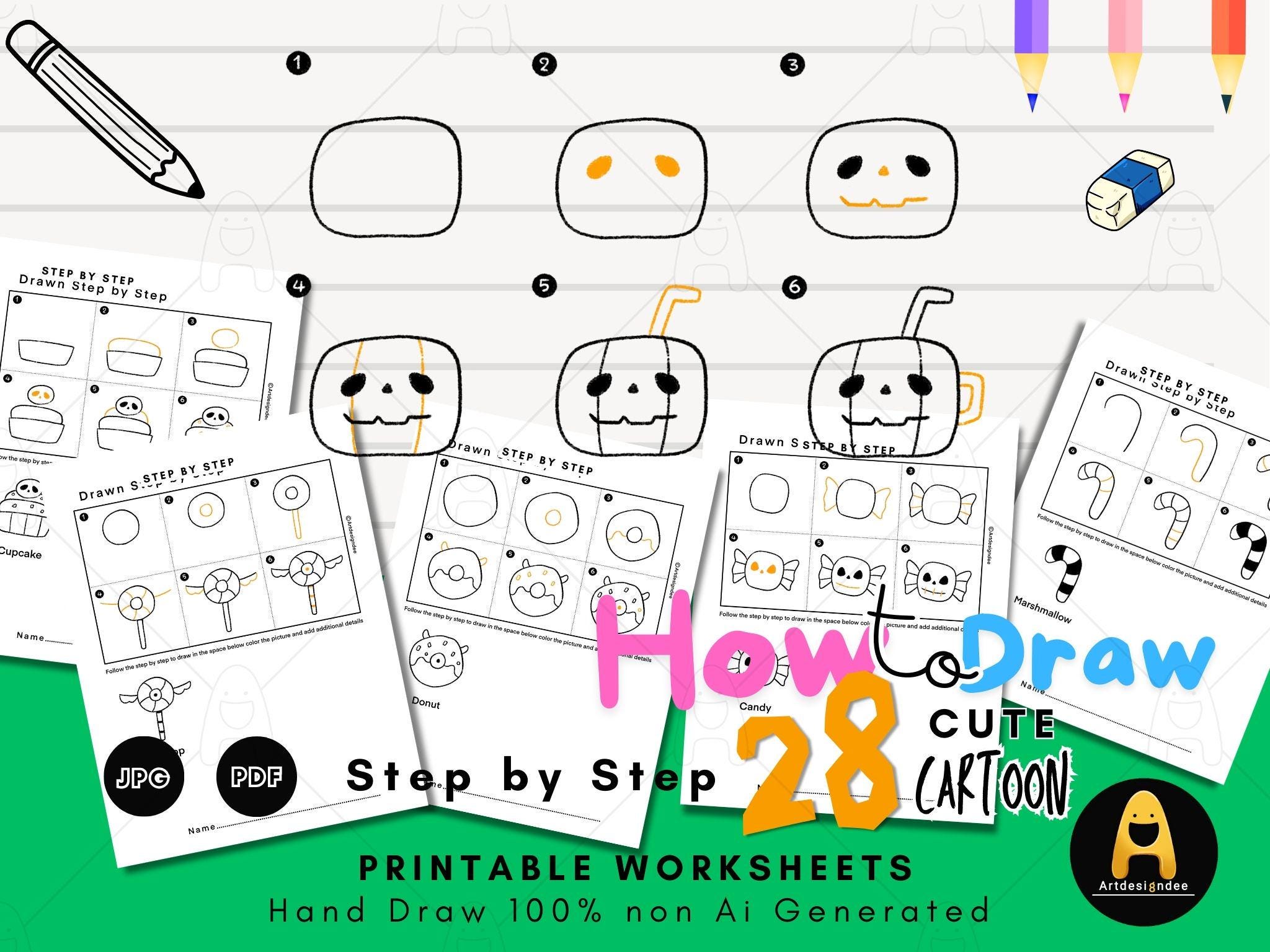 How to Draw 28 Cute Cartoons Doodle Worksheet, Halloween, Candy , Step ...