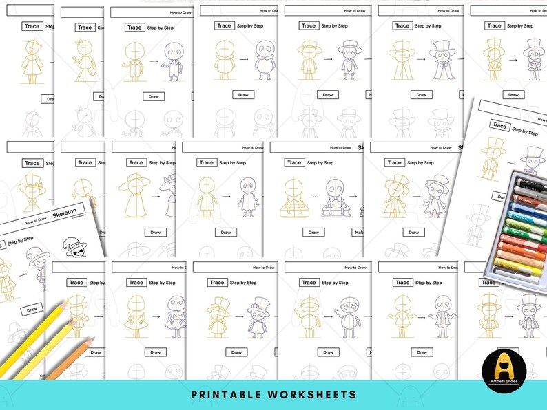How to Draw 21 Cute Cartoons Doodle Worksheet, Halloween, Skeleton,step ...
