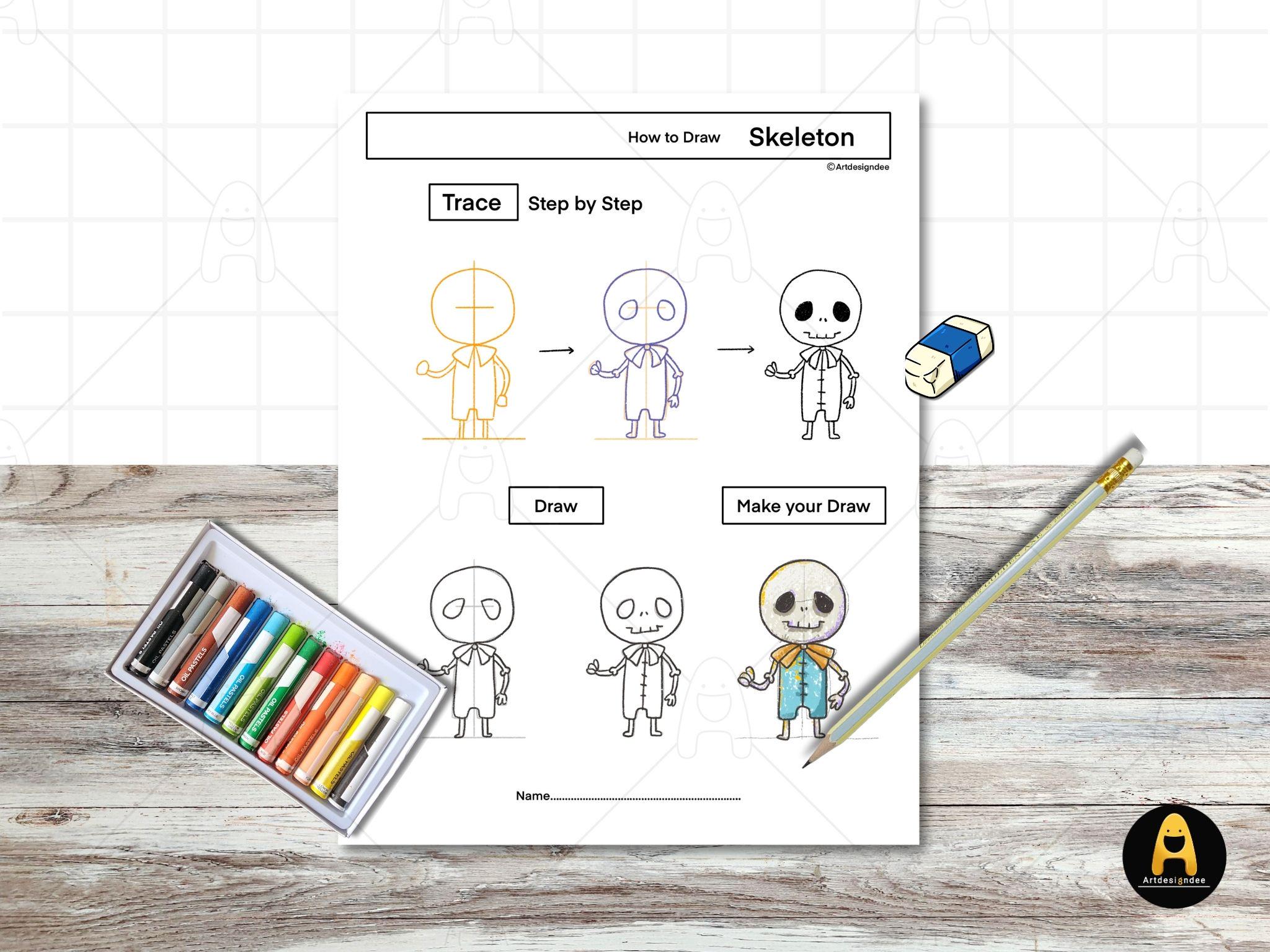 How to Draw 21 Cute Cartoons Doodle Worksheet, Halloween, Skeleton,step ...