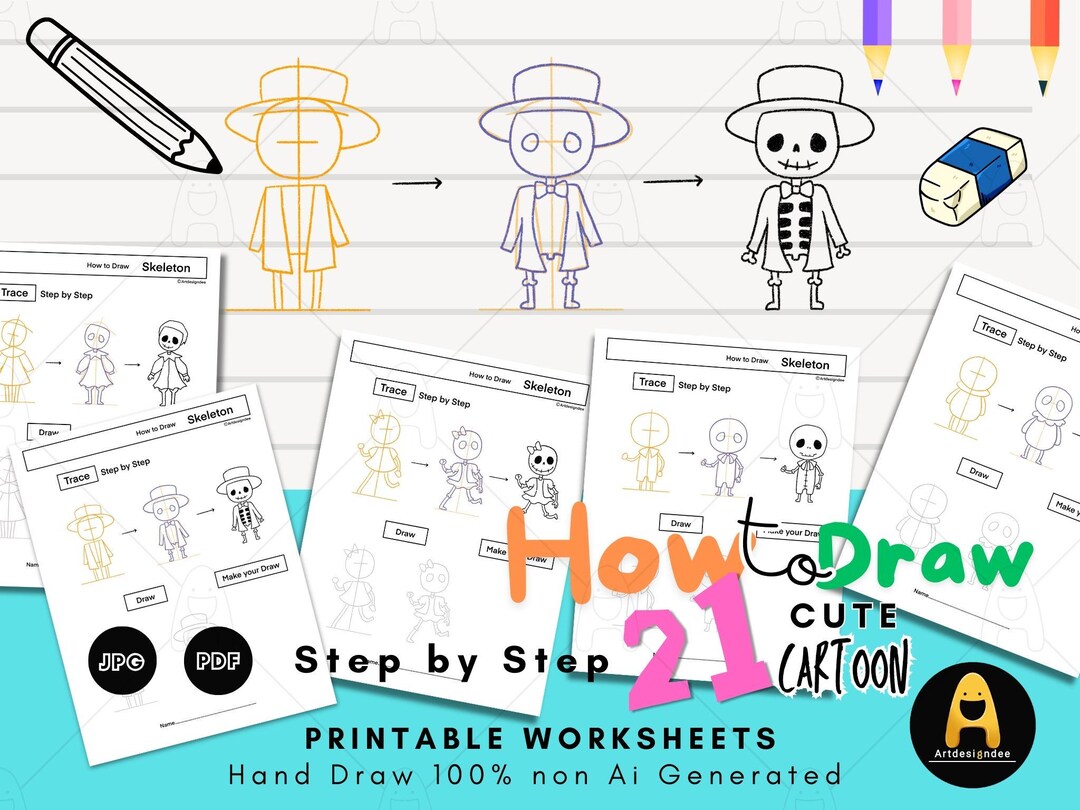 How to Draw 21 Cute Cartoons Doodle Worksheet, Halloween, Skeleton,step ...