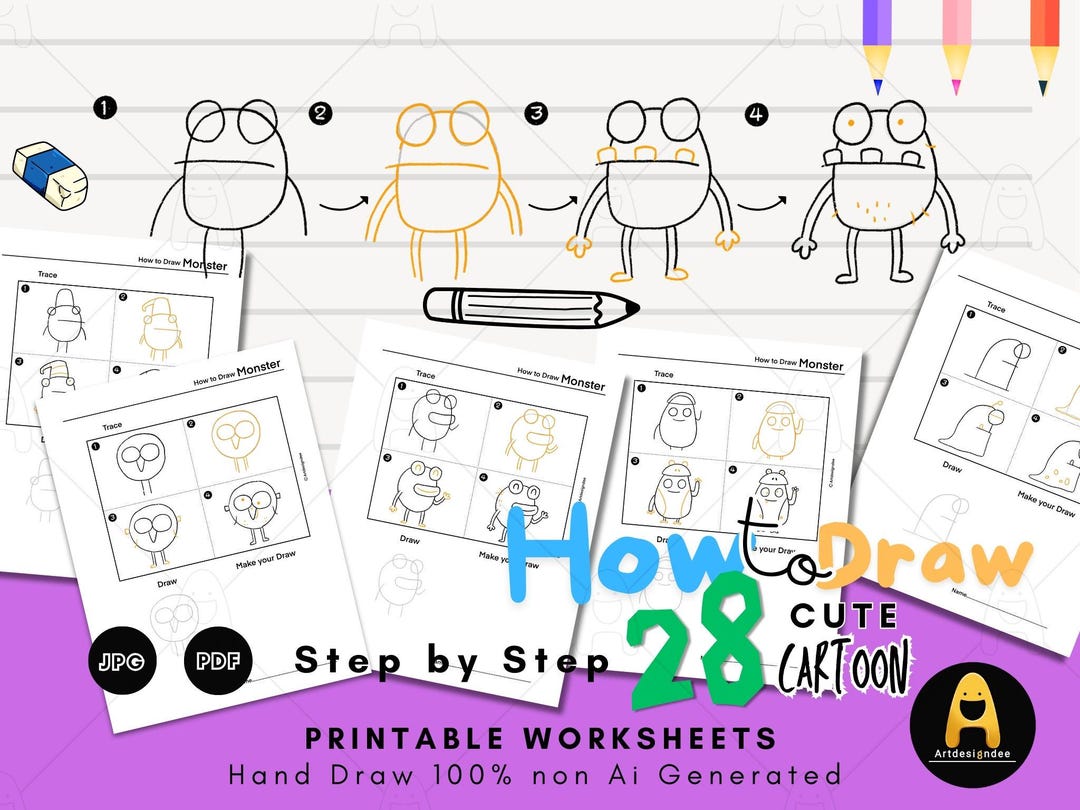 How to Draw 28 Cute Cartoons Doodle Worksheet, Halloween, Monster, Step ...