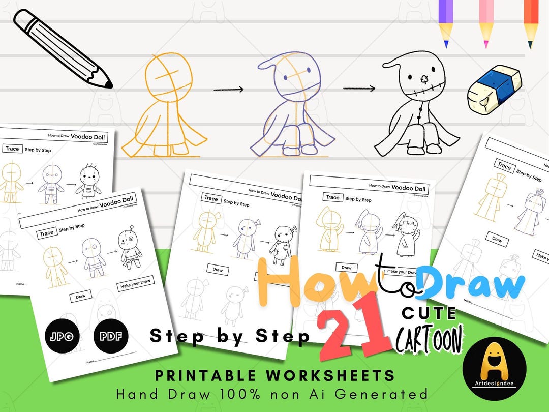 How to Draw 21 Cute Cartoons Doodle Worksheet, Voodoo Doll, Step by ...