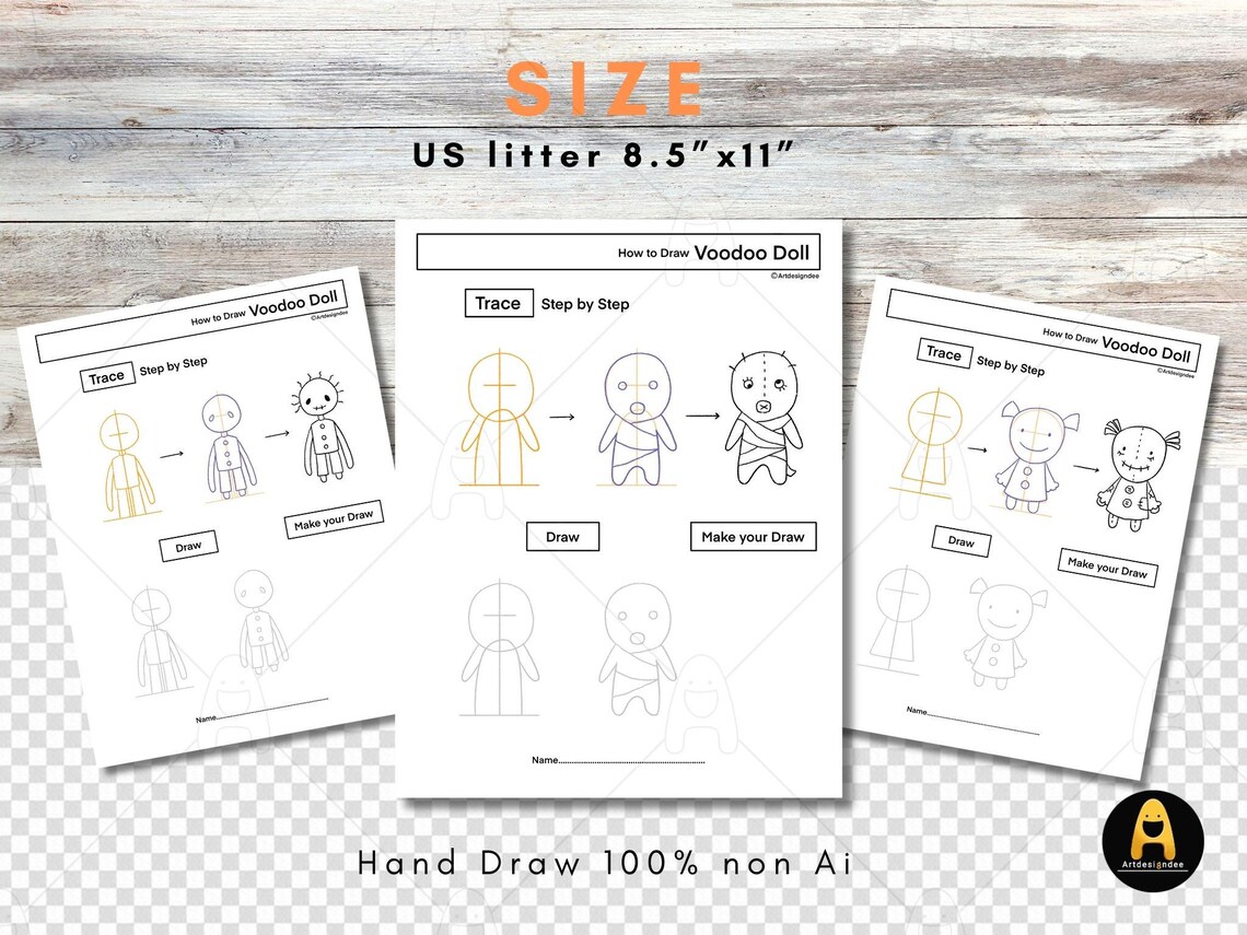 How to Draw 21 Cute Cartoons Doodle Worksheet, Voodoo Doll, Step by ...