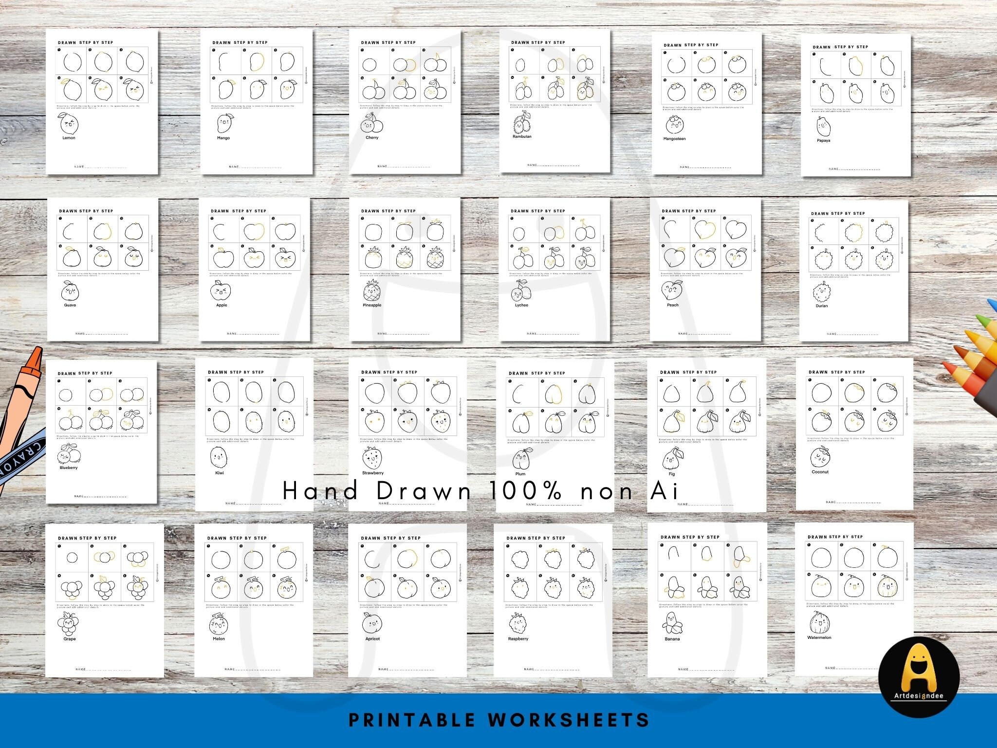 How to Draw 24 Cute Cartoons Doodle Worksheet, Summer Fruits, Step by ...