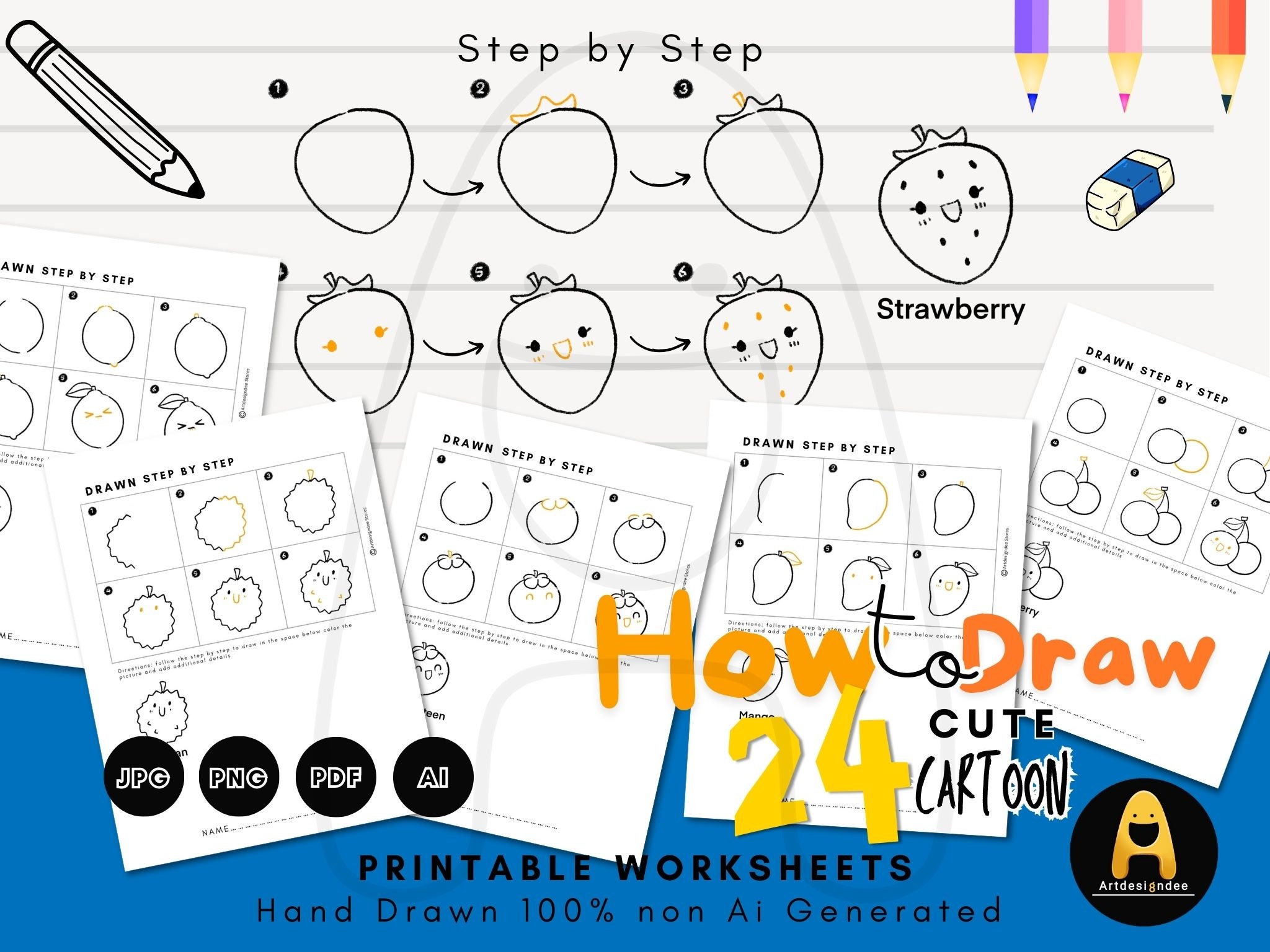 How to Draw 24 Cute Cartoons Doodle Worksheet, Summer Fruits, Step by ...