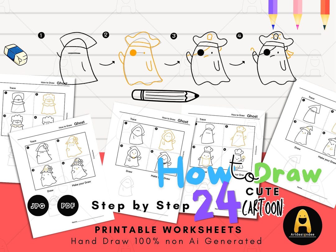 How to Draw 24 Cute Cartoons Doodle Worksheet, Halloween, Ghost, Step ...