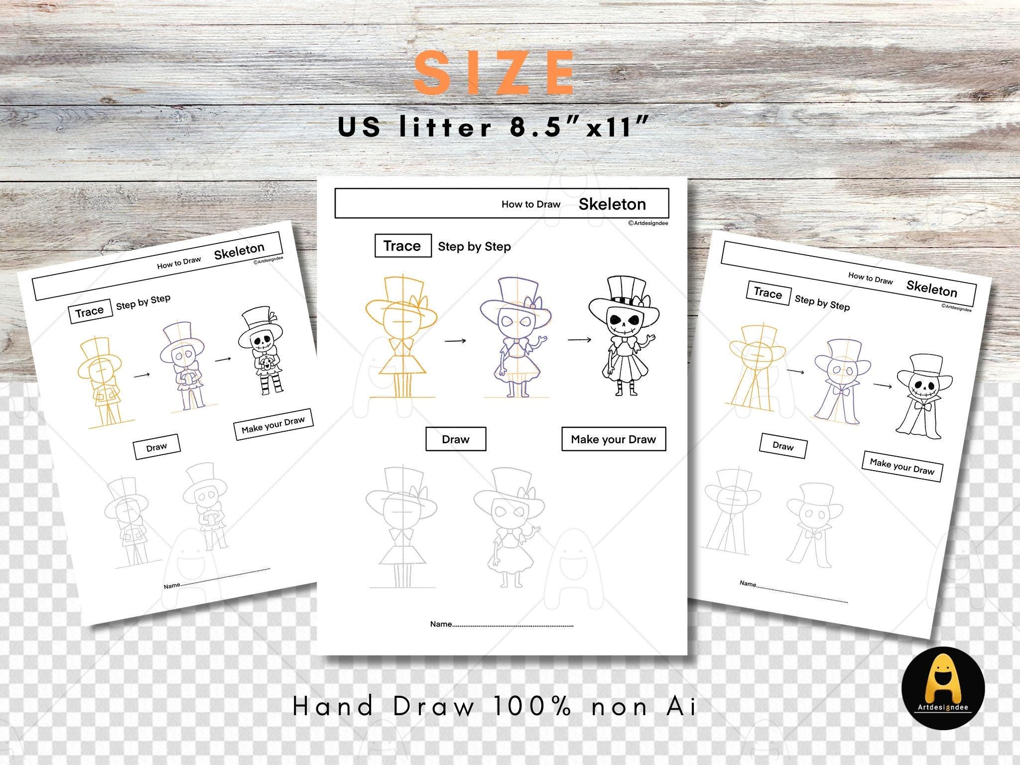 How to Draw 21 Cute Cartoons Doodle Worksheet, Halloween, Skeleton,step ...