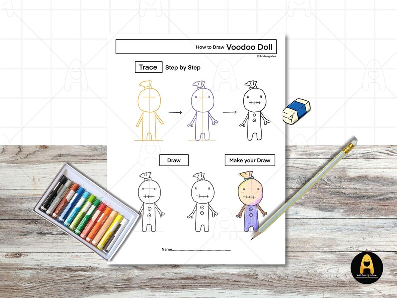 How to Draw 21 Cute Cartoons Doodle Worksheet, Voodoo Doll, Step by ...