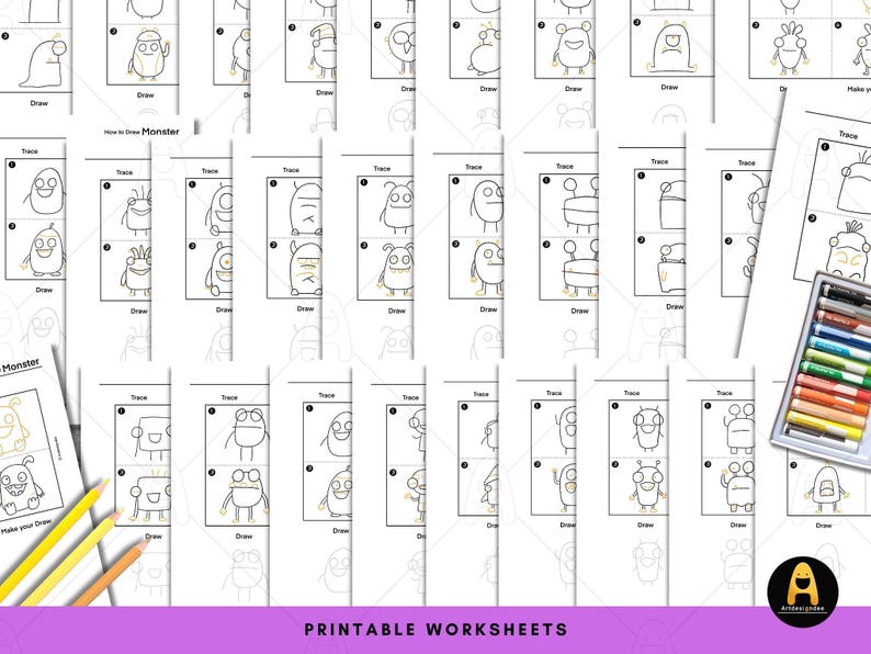 How to Draw 28 Cute Cartoons Doodle Worksheet, Halloween, Monster, Step ...