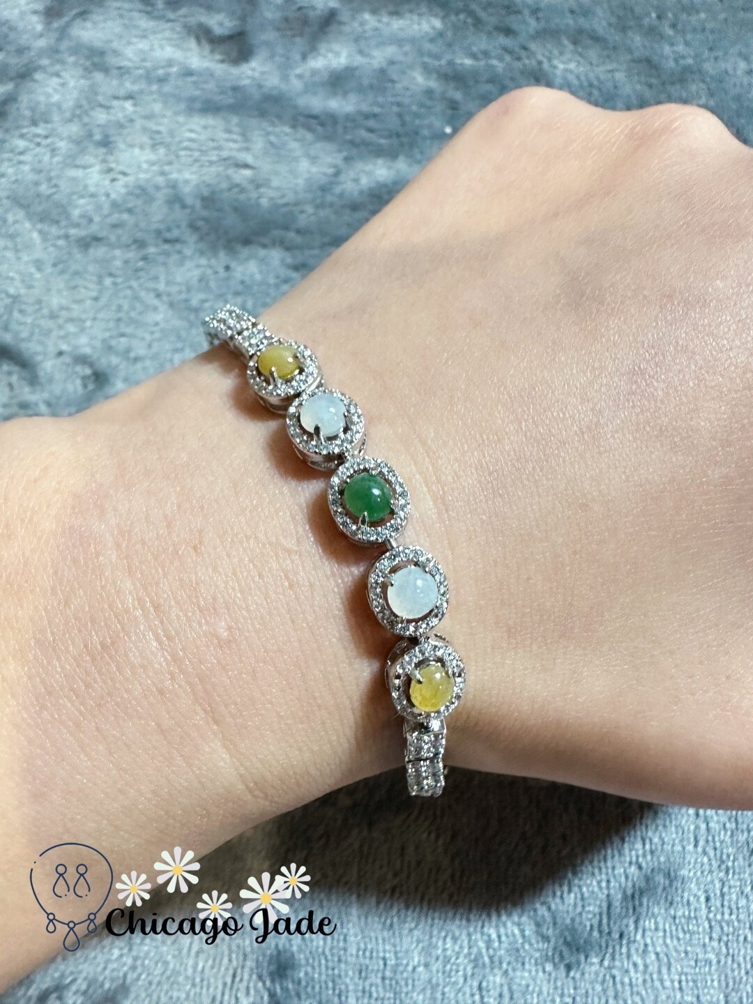 Tri-color Five Color Jadeite Jade Stone on S925 Sterling Silver Set ...