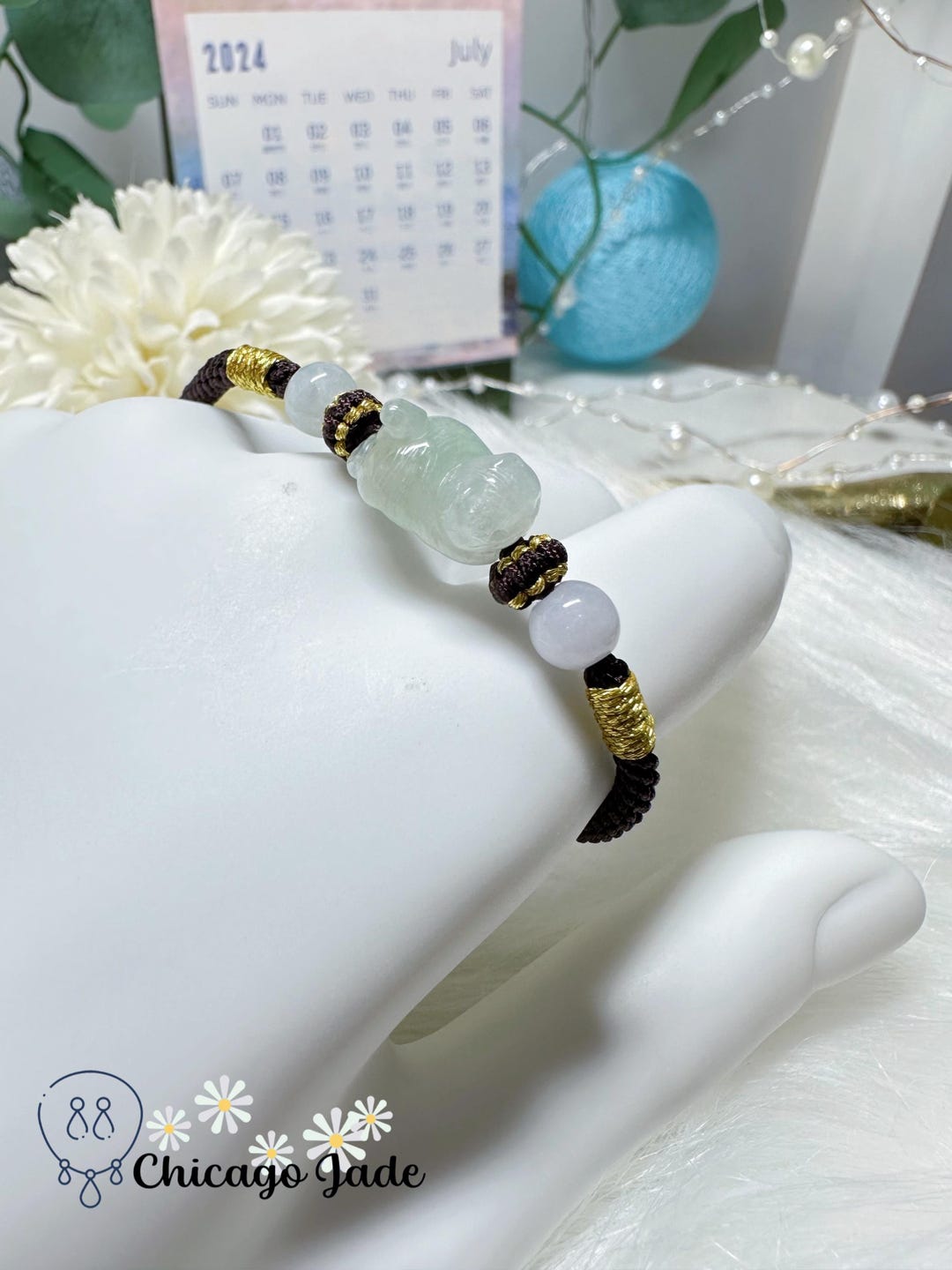 Translucent Jadeite Jade Feicui Carved Cat Adjustable Rope Bracelet ...
