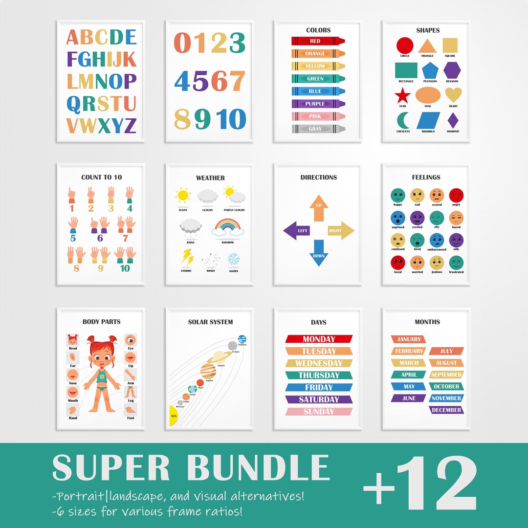 Set of 12 Educational Posters, Homeschool Prints, Toddler Learning ...
