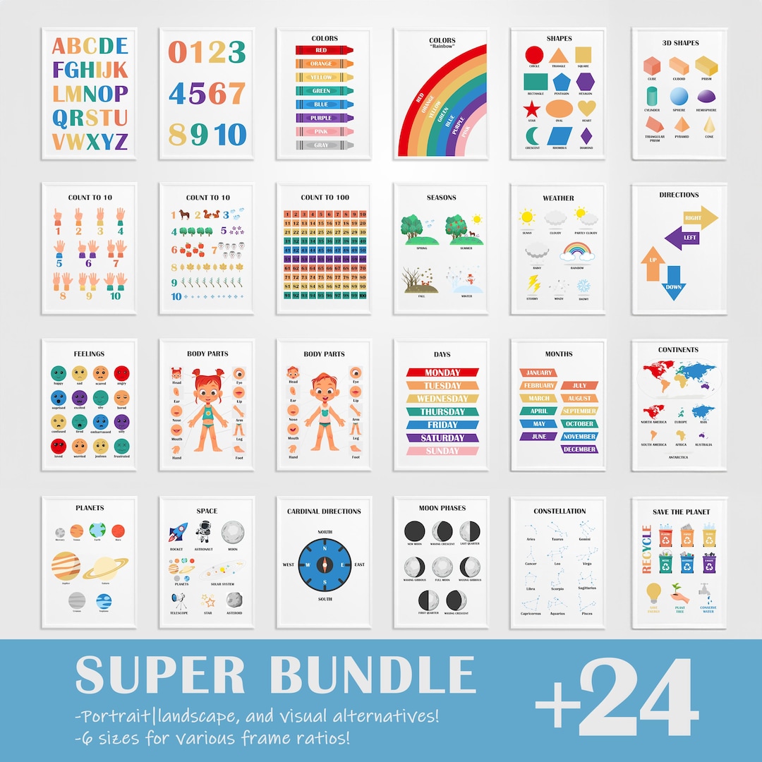 Set of 24 Educational Posters, Homeschool Prints, Toddler Learning ...
