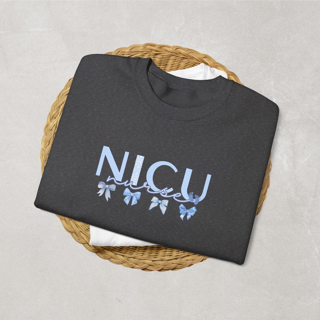 Blue Toile Ribbon Bow NICU Nurse Crewneck Sweatshirt Neonatal Intensive ...