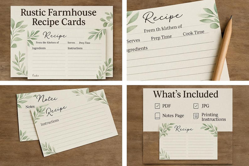 Rustic Farmhouse Recipe Cards Printable | 4x6 Editable Canva Template ...