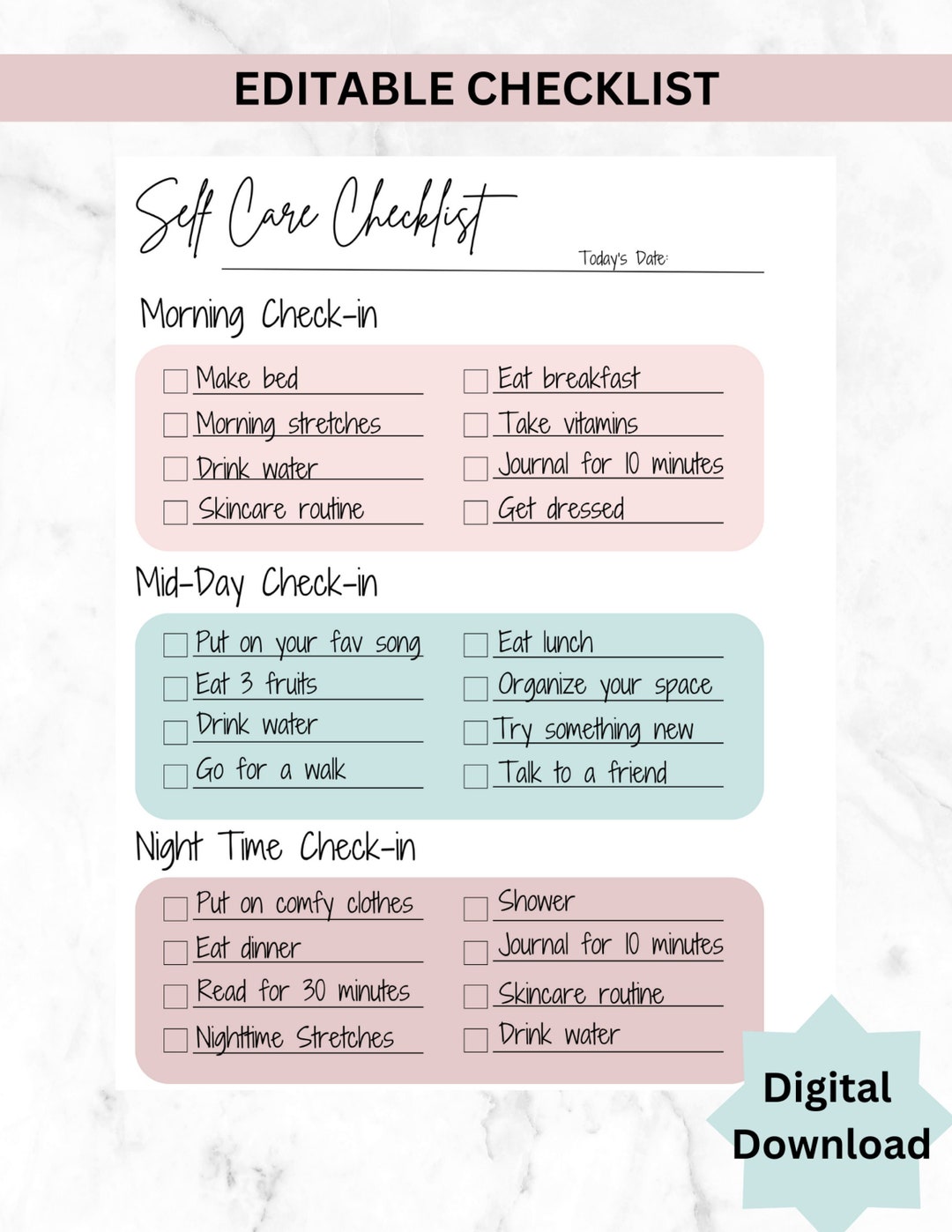 Self Care Checklist Template - Etsy