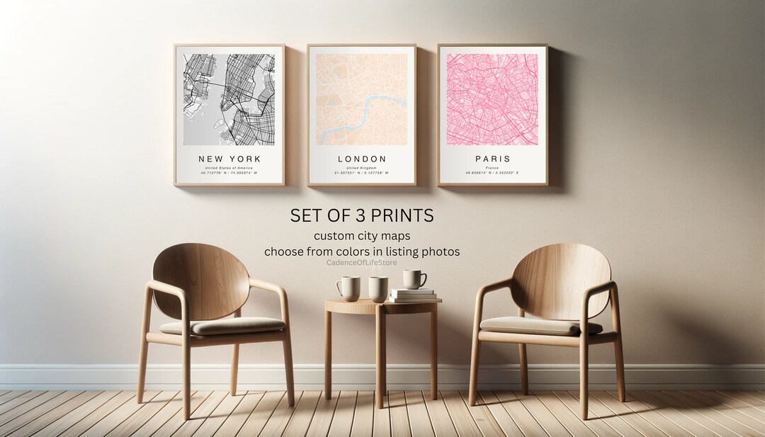 Set of 3 Custom City Maps, Our Story Map Set, Where We Met Map, First ...