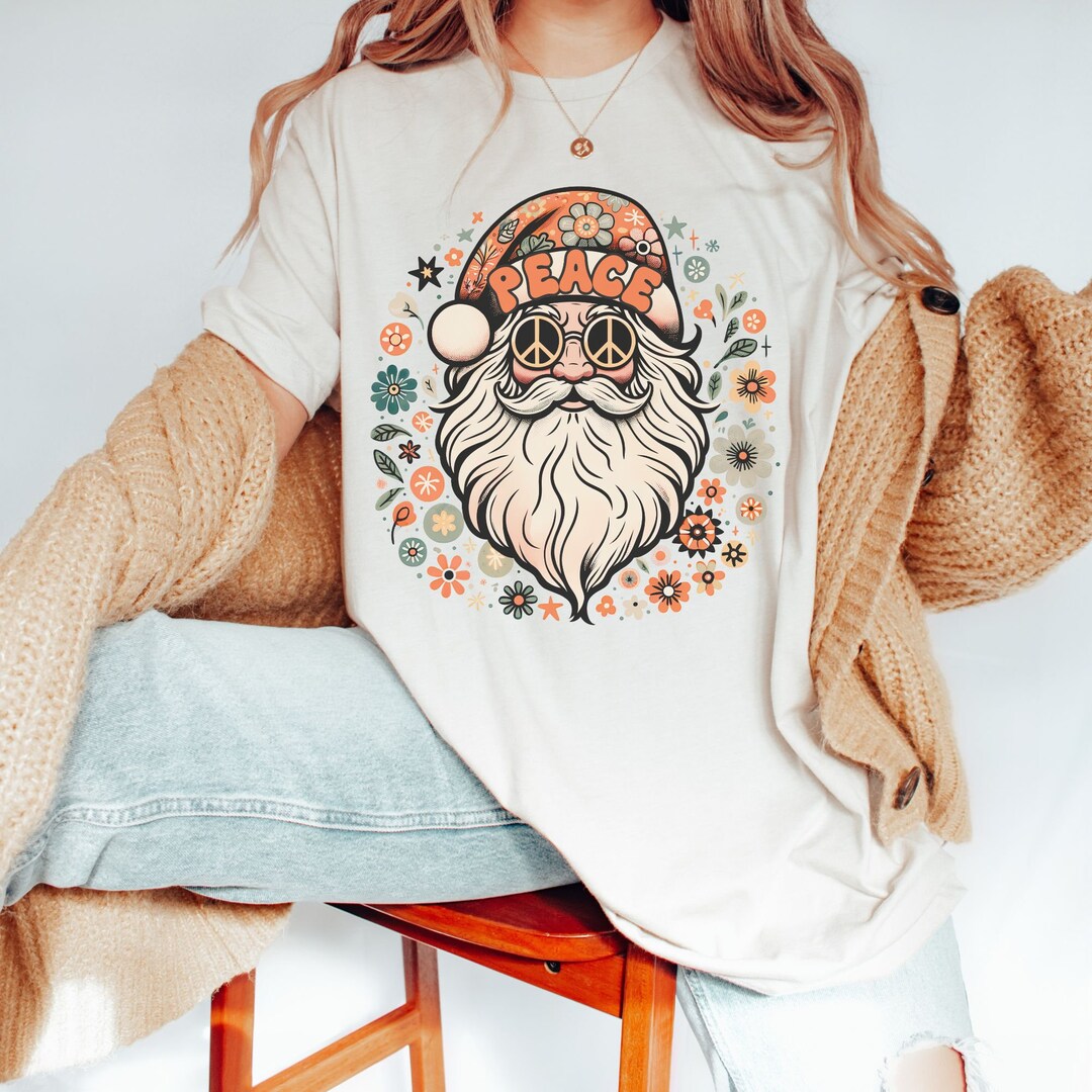 Boho Santa Shirt, Retro Hippie Santa Shirt, Peace Holiday Crewneck ...